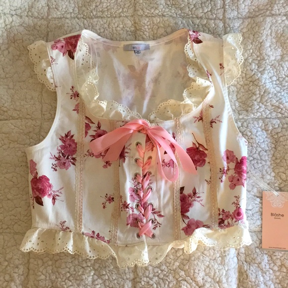Tops | Coquette Cottagecore Pink Floral Lace Eyelet Trim Corset Top M ...